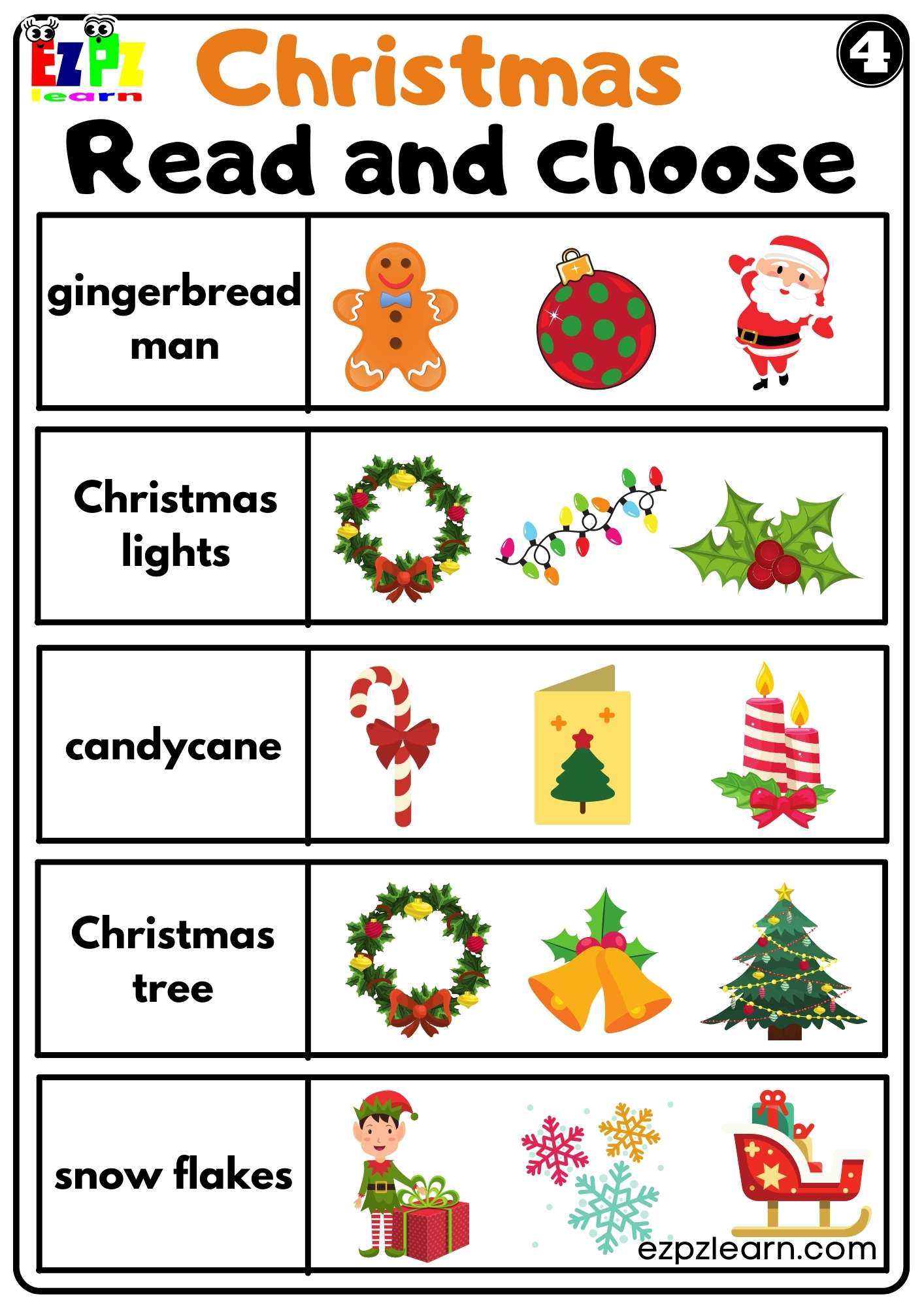 Christmas Holiday Read and Choose Worksheet For K5 Kids and ESL Set 4 PDF Download - Ezpzlearn.com